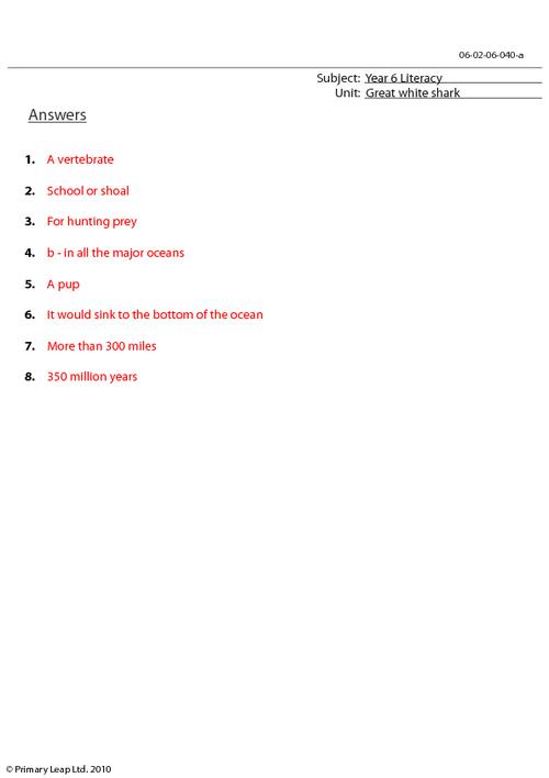 Literacy: Reading comprehension Great white shark | Worksheet ...