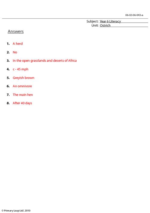 Literacy: Reading comprehension Ostrich | Worksheet | PrimaryLeap.co.uk