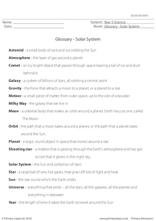 Science: Glossary Solar System | Worksheet | PrimaryLeap.co.uk
