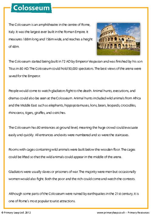 History: Reading Comprehension The Colosseum | Worksheet | PrimaryLeap ...